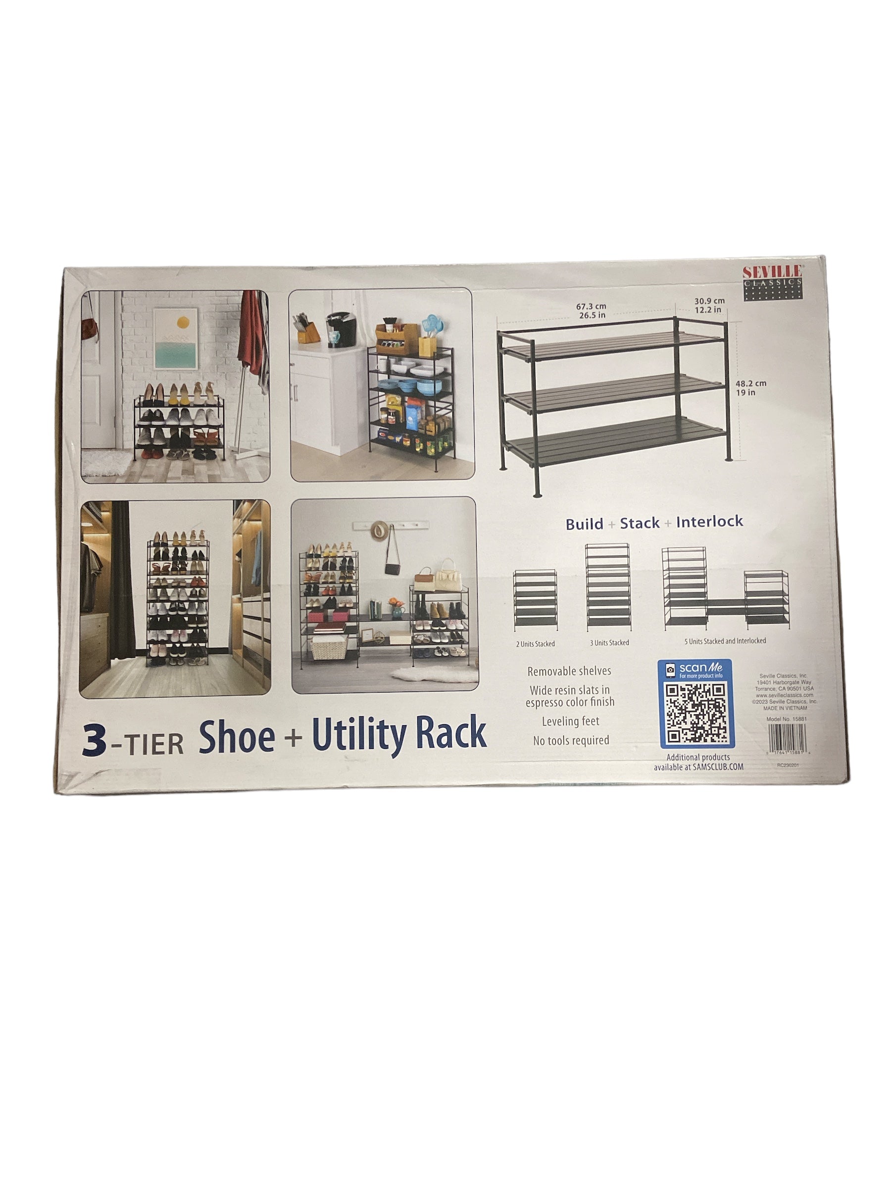 Seville Classics Freestanding Storage Shelf Stackable Espresso Slat, 3 ...