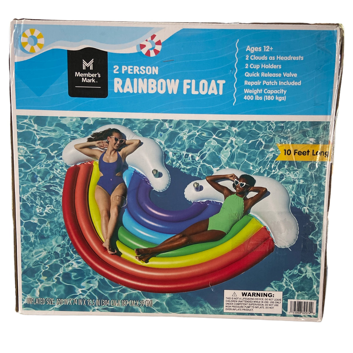 Member's Mark 2 Person Rainbow Float, 2 Cupholders, 400lbs Cap (120" x ...
