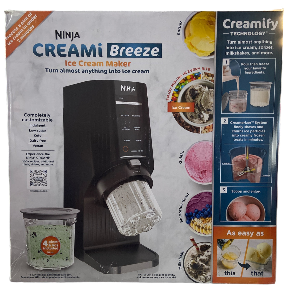 Ninja CREAMi Breeze 7 One Touch Programs, 4 Pints, Ice Cream, Gelato ...