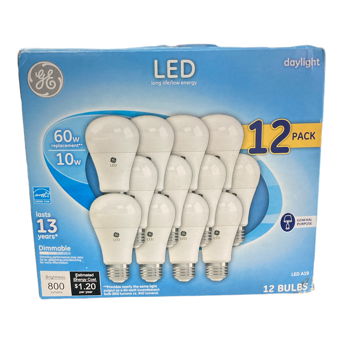 GE LED Bulbs, DayLight, 60W=10W A19 (12 Pack ) Dimmable, 800 Lumens ...