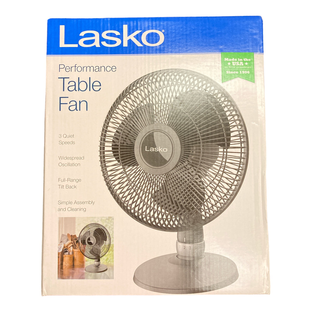 Lasko 12 in. Oscillating 3-Speed Performance Table Fan with Tilt-Fan H ...