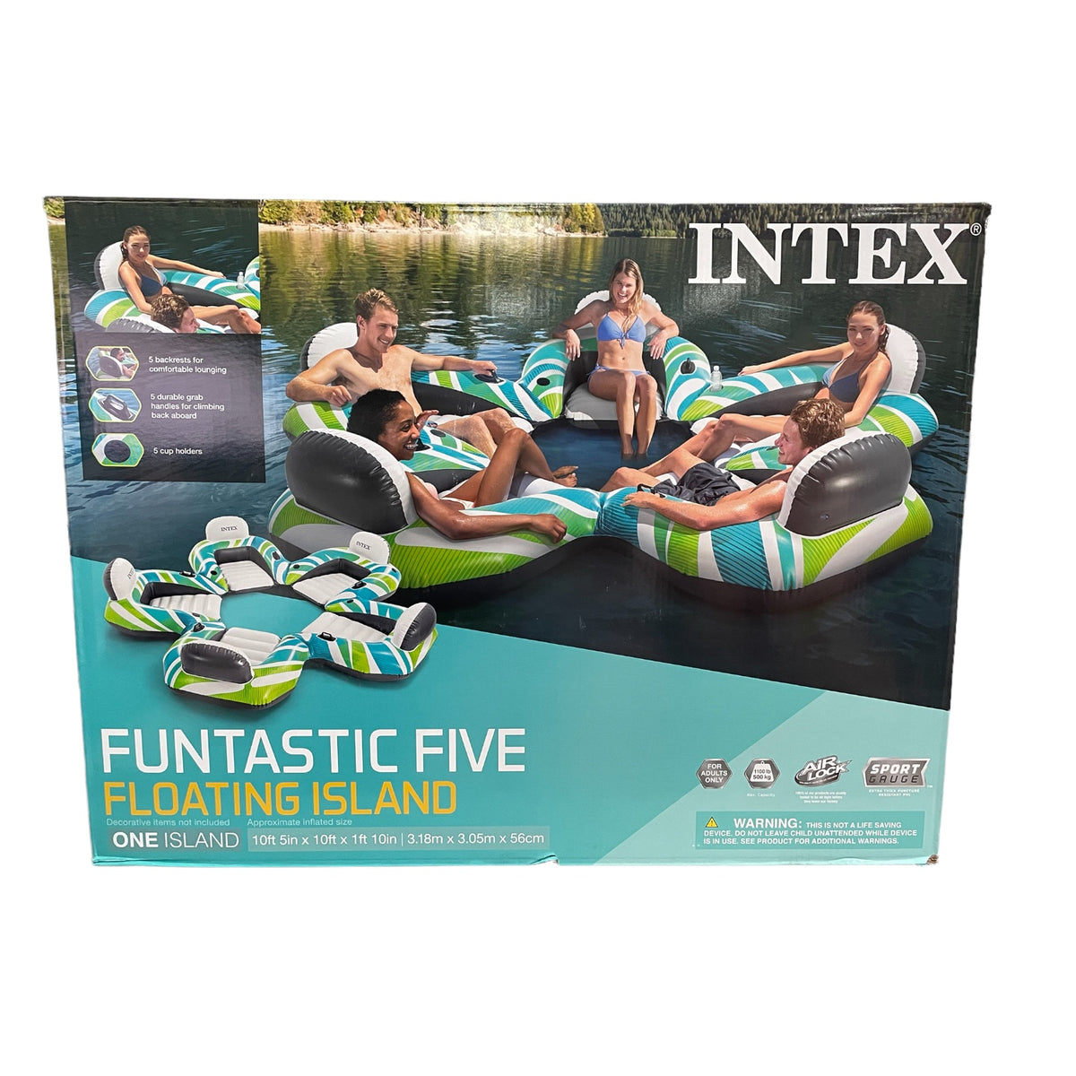 Intex Funtastic 5 Person Floating Island with Headrest, Cup Holders ...