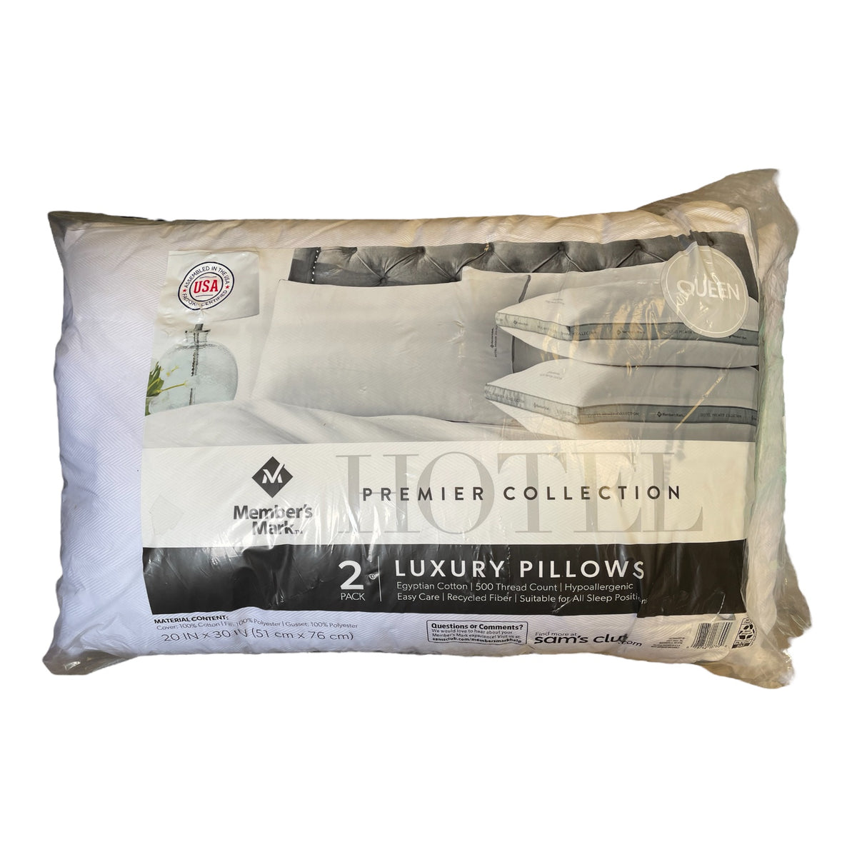 2 Pack Member's Mark Hotel Premier Collection Bed Pillows, White, Quee ...