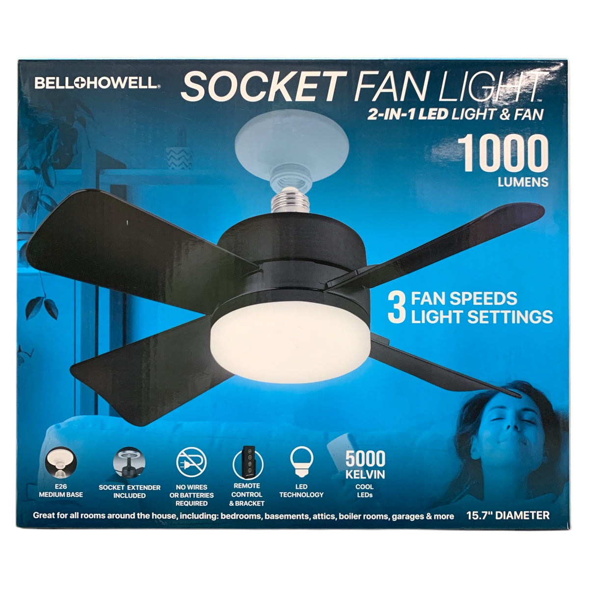 Bell+Howell Socket Fan Light 2-in-1 LED Light & Fan, 1000 Lumens, 3-Sp ...