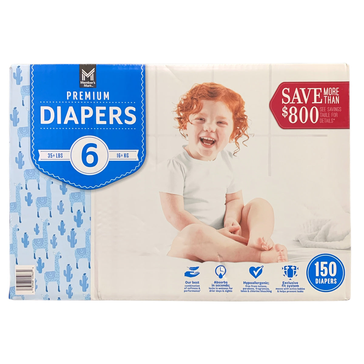 Member's Mark Premium Diapers, Hypoallergenic, Size 6 (35+ lbs.), 150 ...