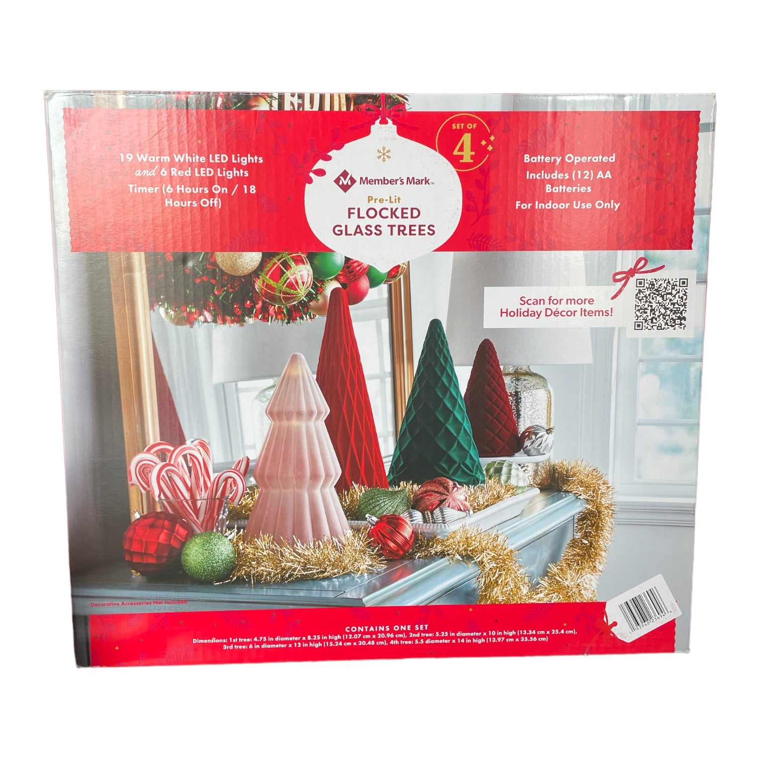 Member's Mark Pre-Lit 4 Pc Indoor Flocked Glass Holiday Trees (Rd/Gree ...