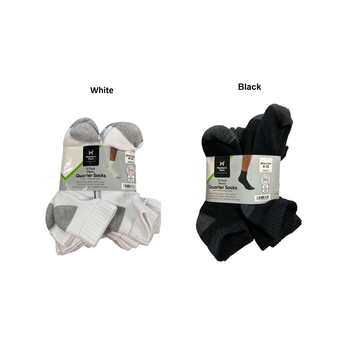 Member's Mark Men's Smooth Toe Seam Arch Support 10 Pack Quarter Top S ...