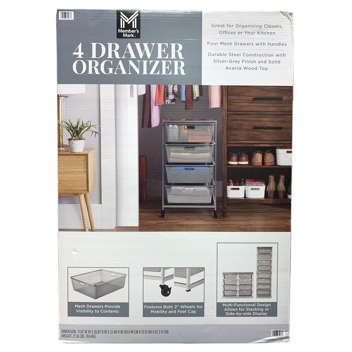 Member's Mark 4-Drawer Mesh Basket Organizer with Acacia Wood Top, Sil ...