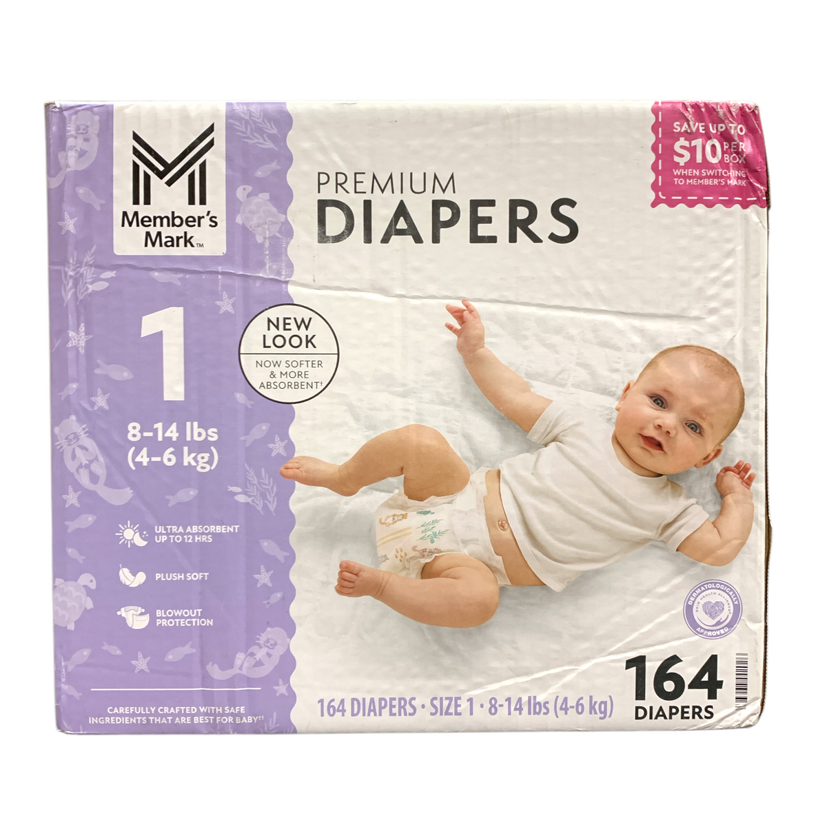 Member's Mark Premium Diapers, Hypoallergenic, Size 1 (8-14lbs.), 164 ...