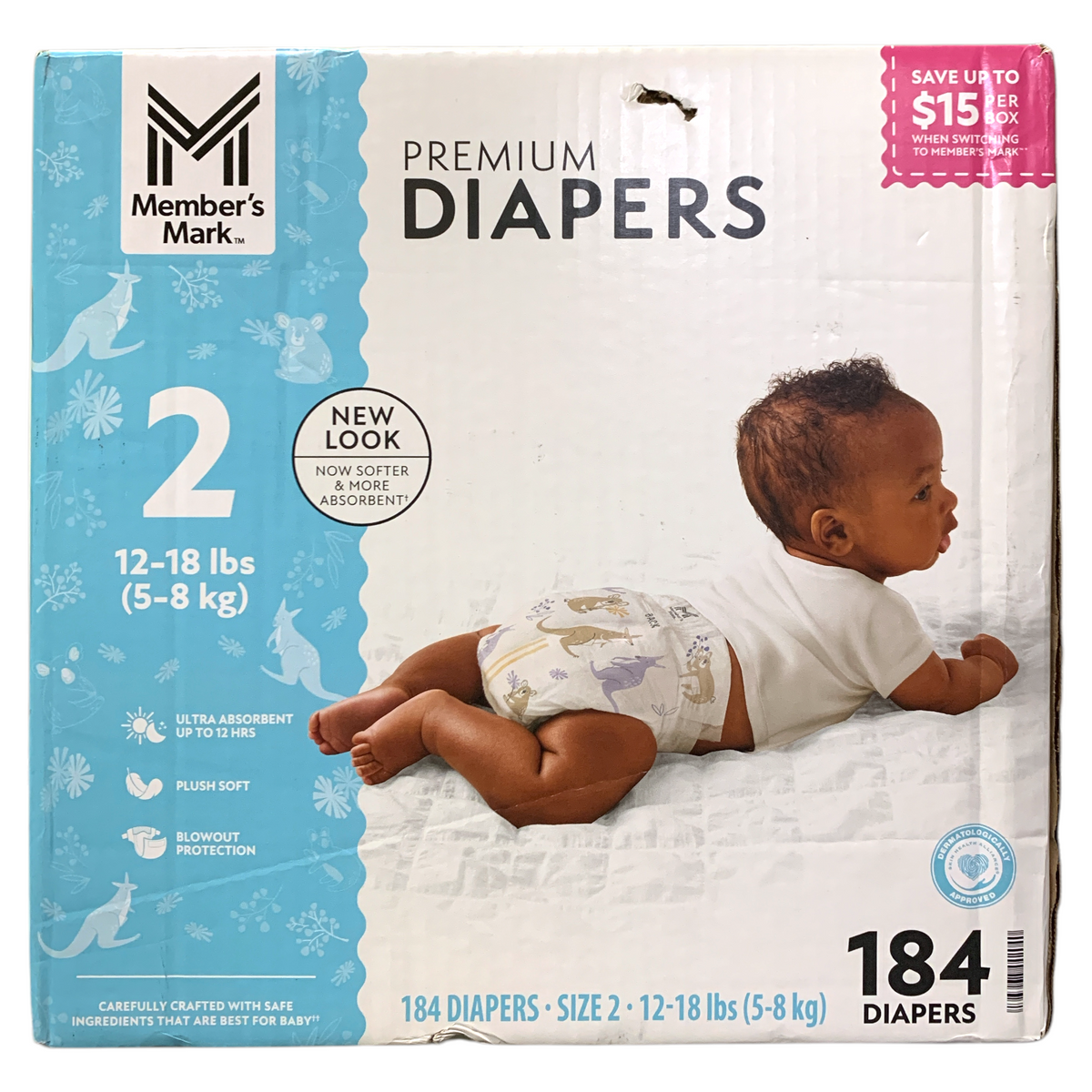 Member's Mark Premium Diapers, Hypoallergenic, Size 2 (12-18lbs.), 184 ...
