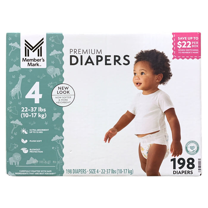 Member's Mark Premium Diapers, Hypoallergenic, Size 4 (22-37lbs.), 198 ...