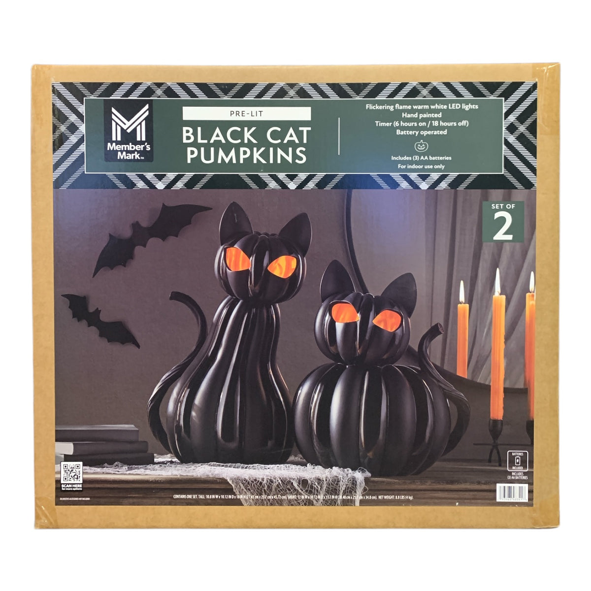 Member's Mark Pre-Lit Black Cat Pumpkins, Set of 2, Warm White Flicker ...