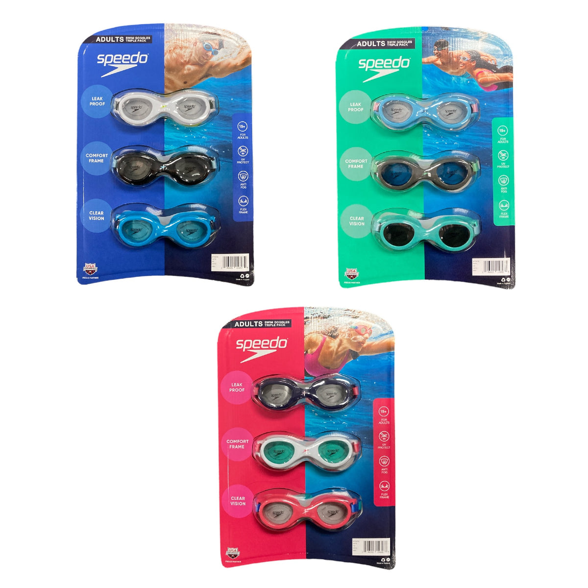 Speedo Adult Swim Goggles, Anti-fog, Flexible, UV Protection (3 Pack ...