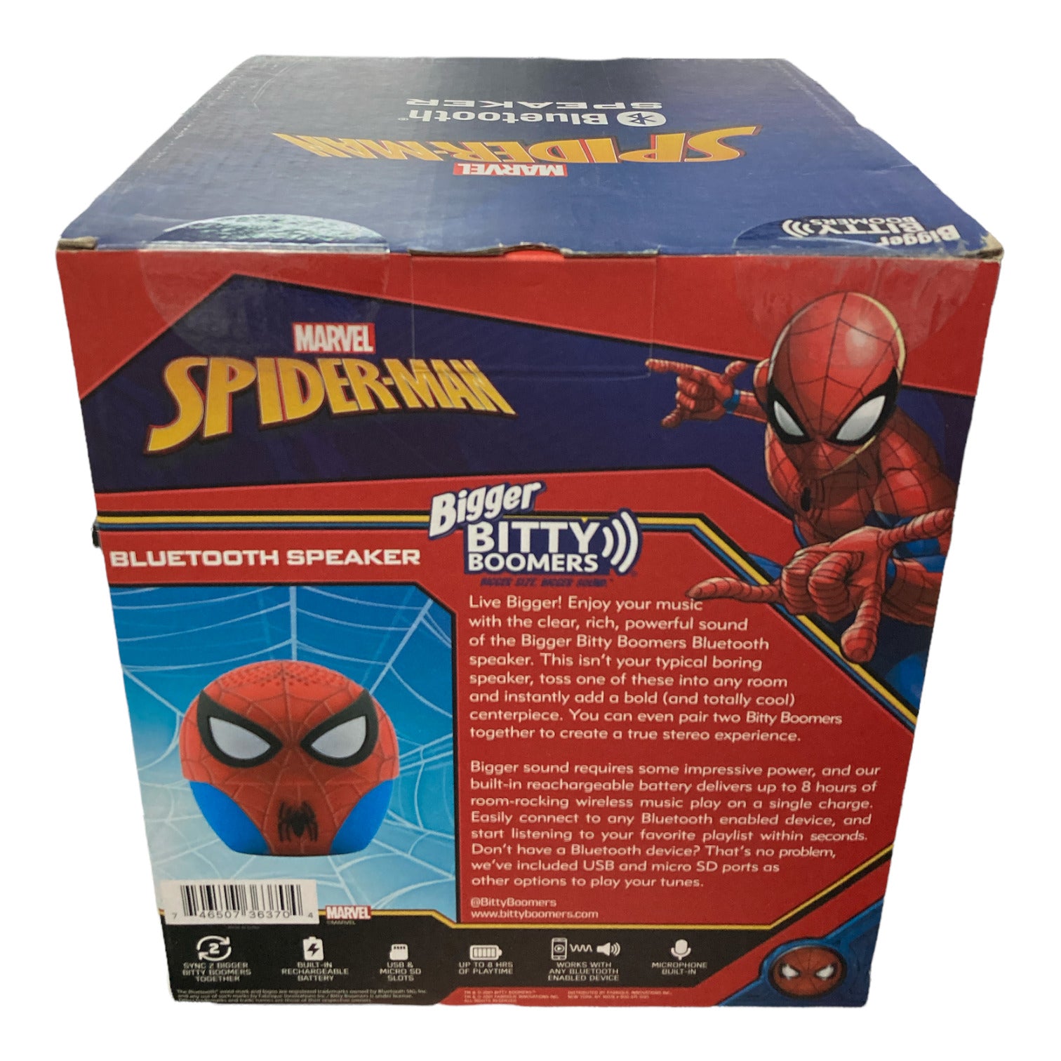 Bitty Boomers Marvel Bigger 8" Spiderman Bluetooth Speaker, 8 Hour Pla ...