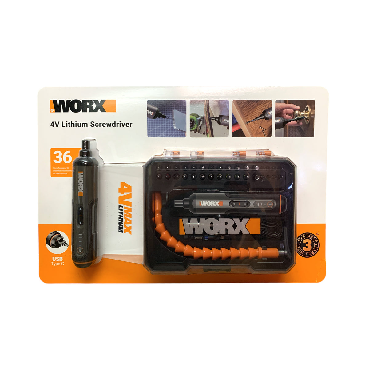 Worx 4V Rechargeable 3-Speed Lithium Screwdriver and 36-Piece Accessor ...