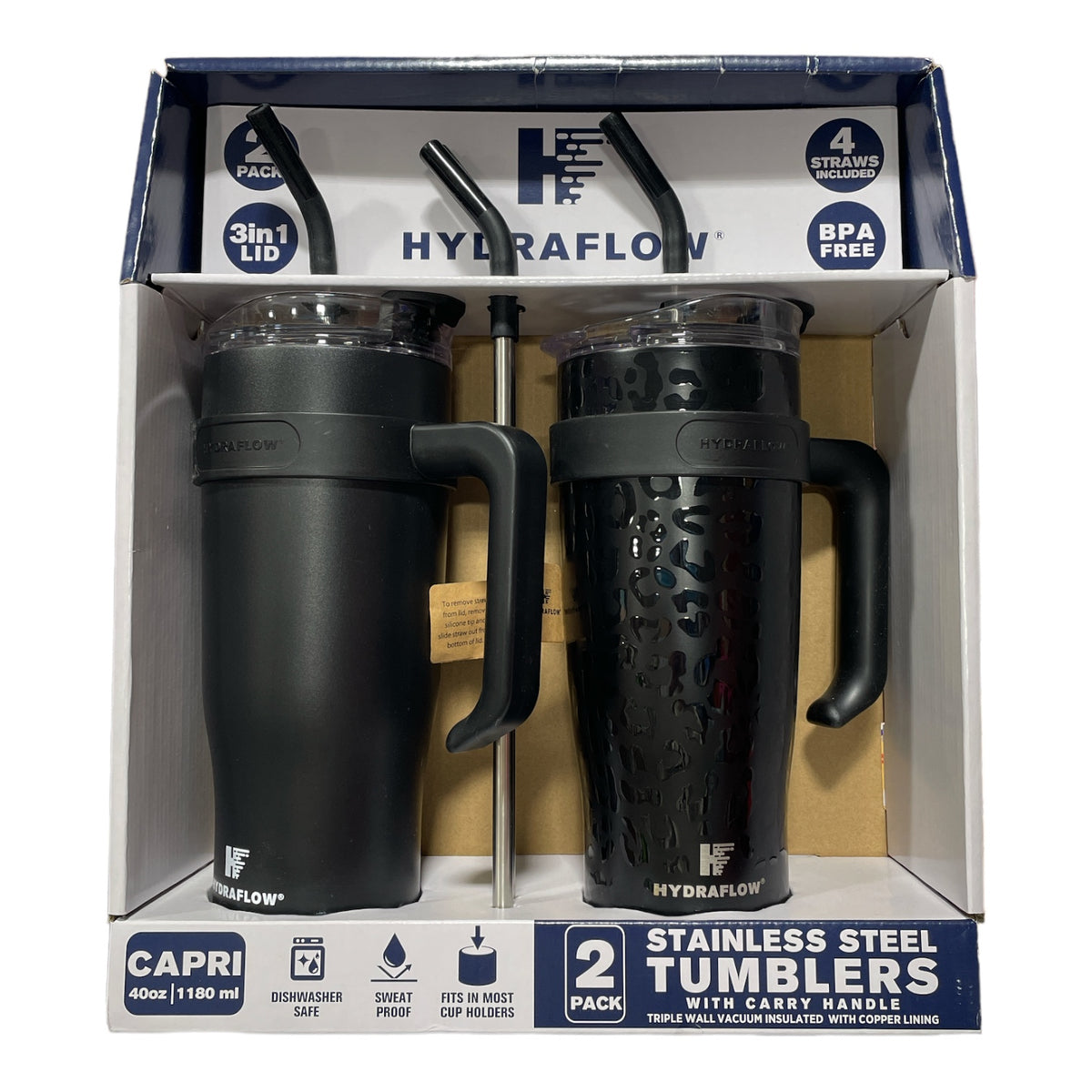 Hydraflow 40-Ounce Double Wall Stainless Steel Tumbler, 2 Pack, Black ...