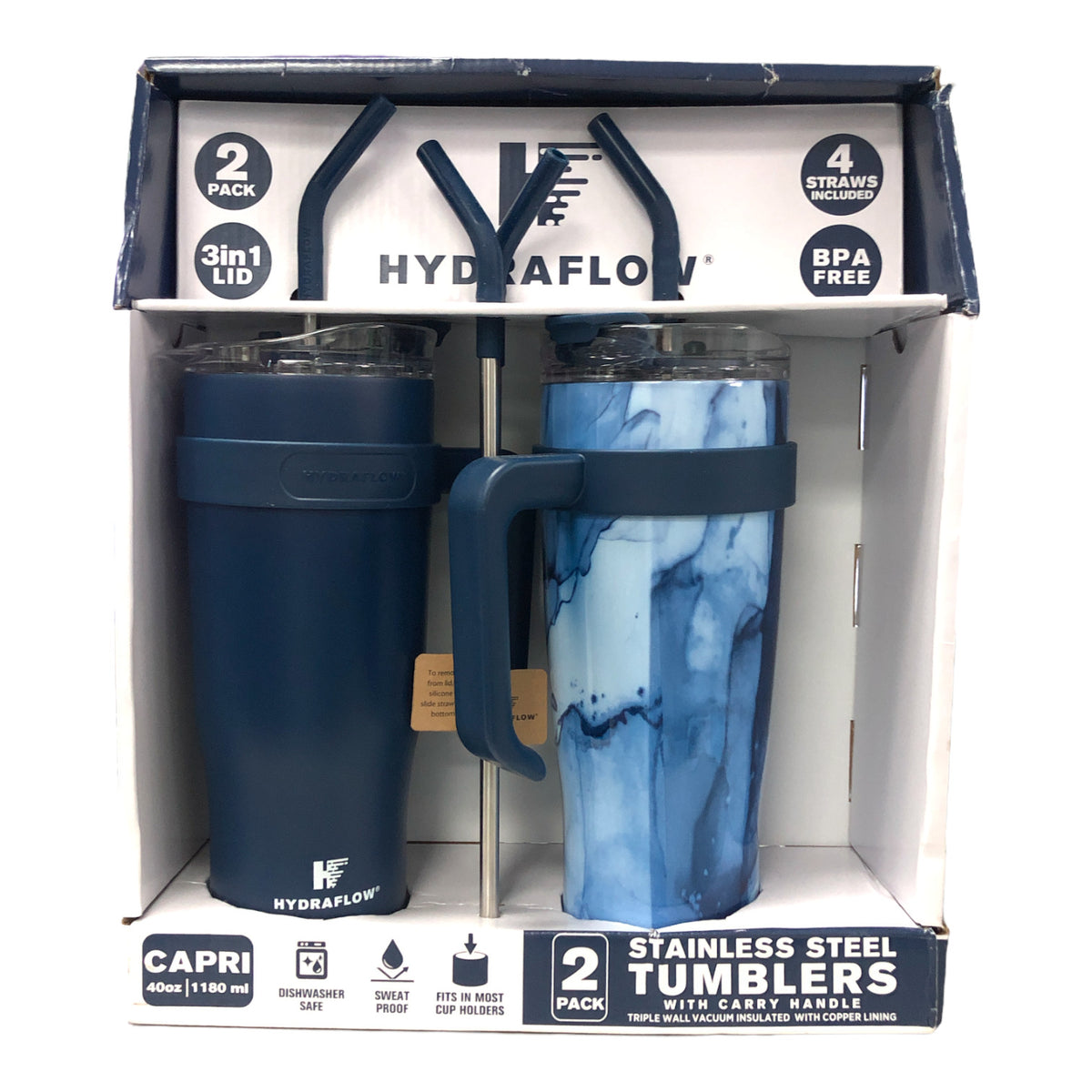 Hydraflow 40 oz Double Wall Stainless Steel Tumbler, 2 Pack, Navy/Marb ...