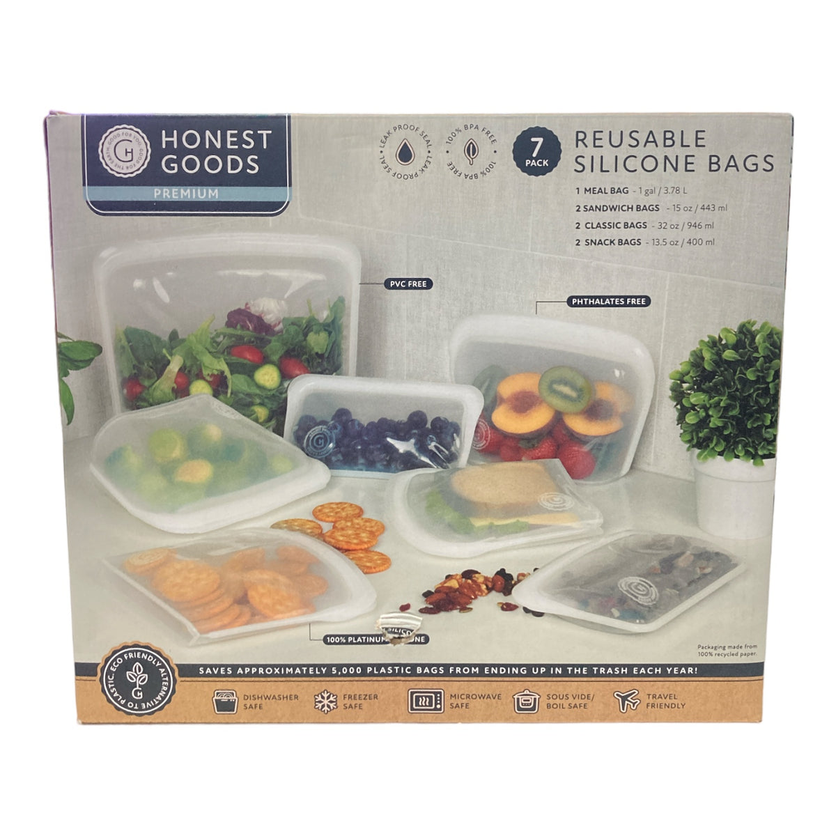 Honest Goods Silicone Food Grade Reusable Storage Bag, 7 Pack ...