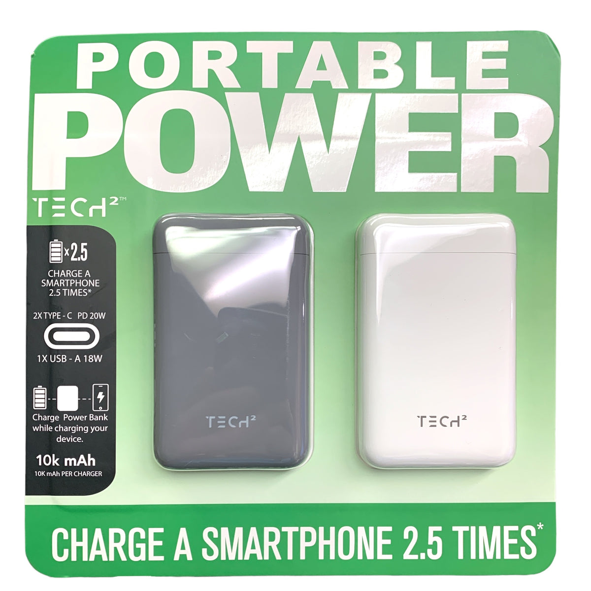Tech2 Portable Power 10k mAh Power Bank 2 Pack, 2 x USB-C & 1 USB-A Po ...