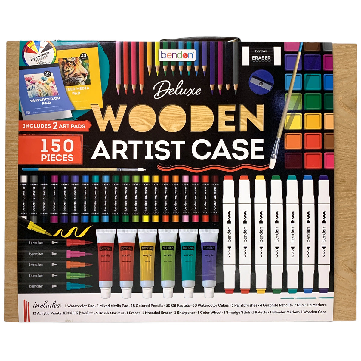 Bendon Deluxe Wooden Artist Case, 150 Pieces, Includes 2 Art Pads ...