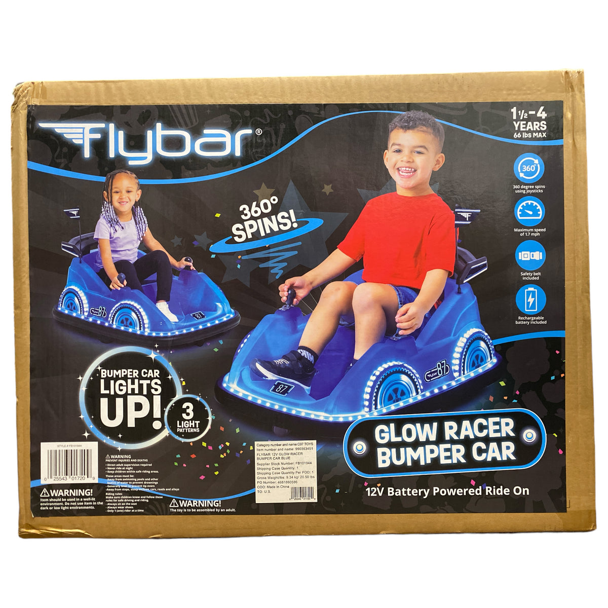 Flybar 12V Dual Joystick Steering Racer Glow Bumper Car, Blue ...