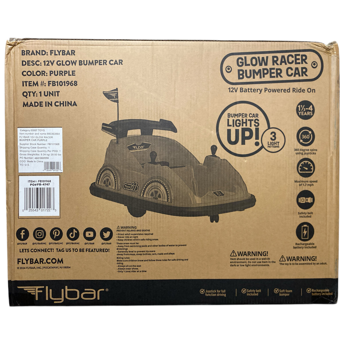 Flybar 12V Dual Joystick Steering Racer Glow Bumper Car, Purple ...