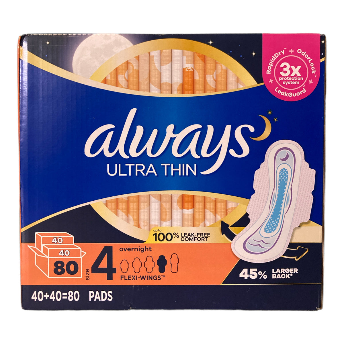 Always Ultra Thin Overnight Pads Flexi-Wings, Size 4, 80 Ct — Ewirelessgear