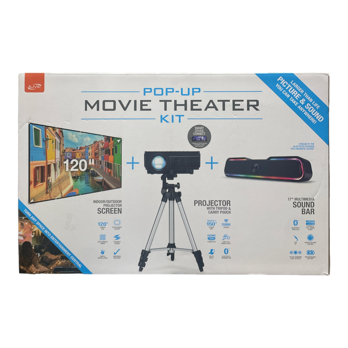 iLive Pop-Up Movie Theater Kit w/ Screen, Projector & Soundbar, THE222 ...