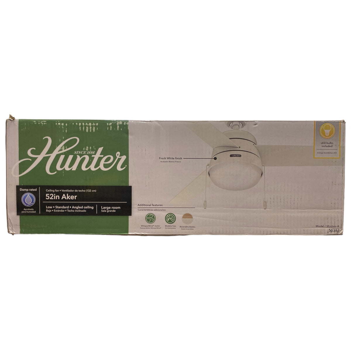 Hunter 52" Aker Indoor/Outdoor Ceiling Fan, LED Light Kit and Pull Cha ...