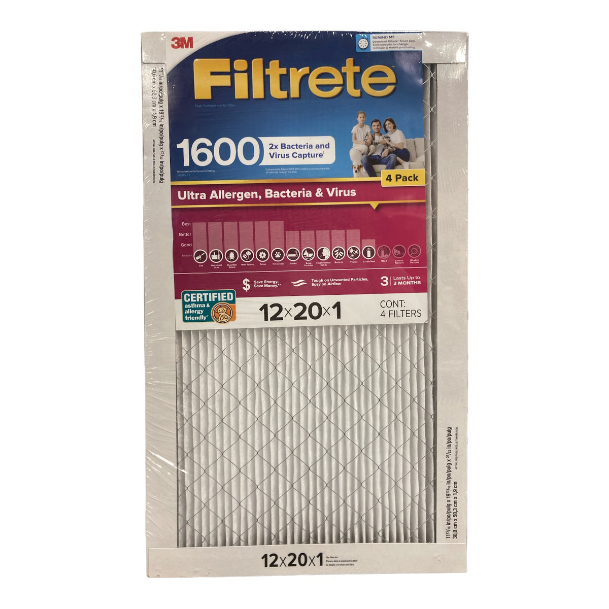Filtrete Ultra Allergen 2X Bacteria and Virus Filter, 12x20x1, 1600 MP ...