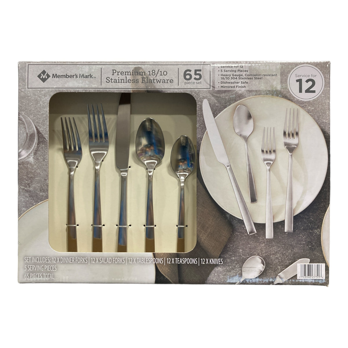 Member's Mark Premium 65 Piece 18/10 Stainless Steel Flatware, Brushed ...
