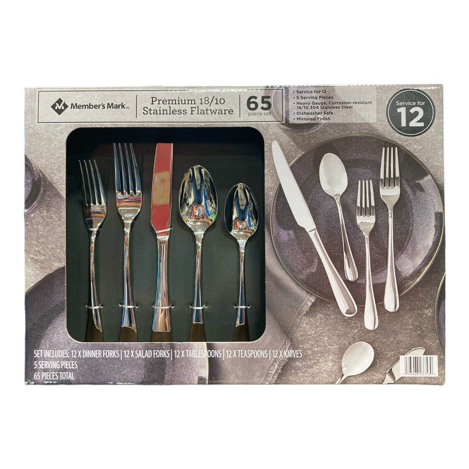 Member's Mark Premium 65 Piece 18/10 Stainless Steel Flatware, Mirror ...