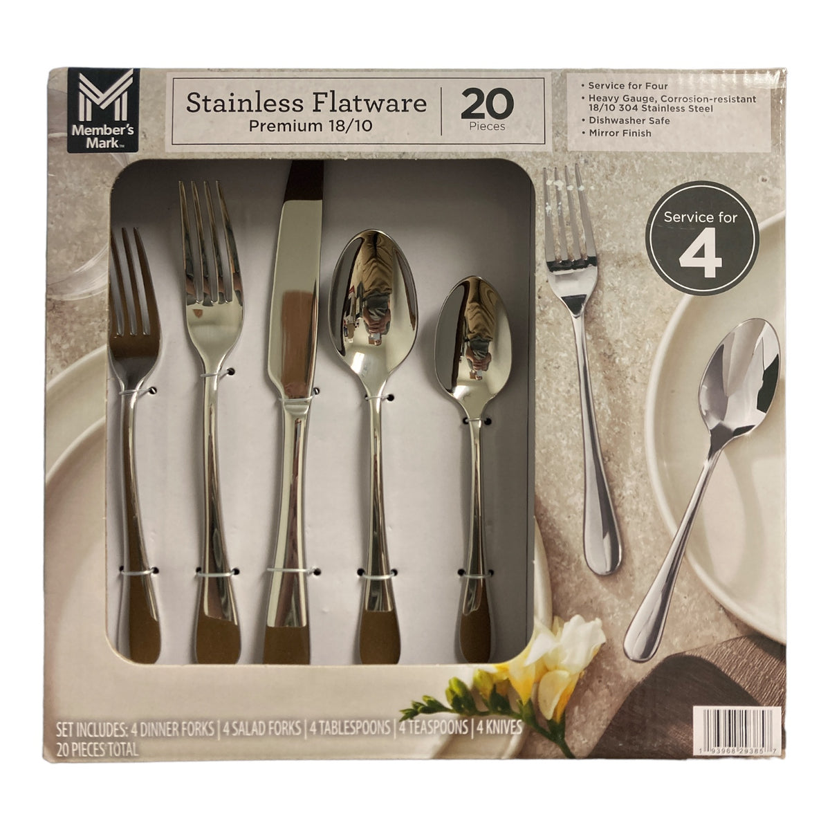Member's Mark Premium 18/10 Stainless Steel Flatware Set, 20 Piece, Mi ...