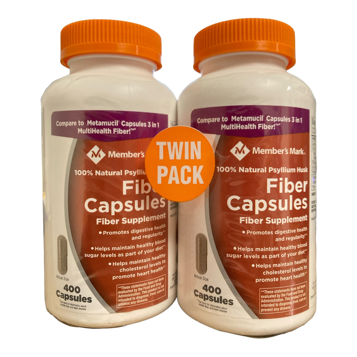 Member's Mark 100% Natural Psyllium Husk Fiber Capsules, 400ct, 2pk ...