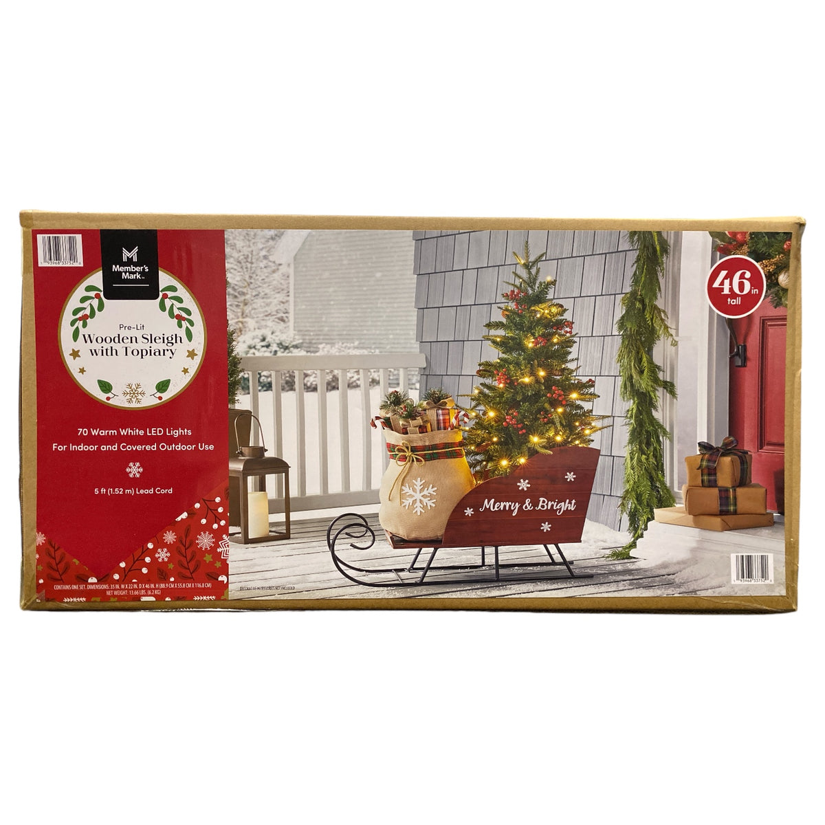 Member's Mark 70 Warm White LED Pre-Lit Wooden Sleigh with Topiary, 46 ...