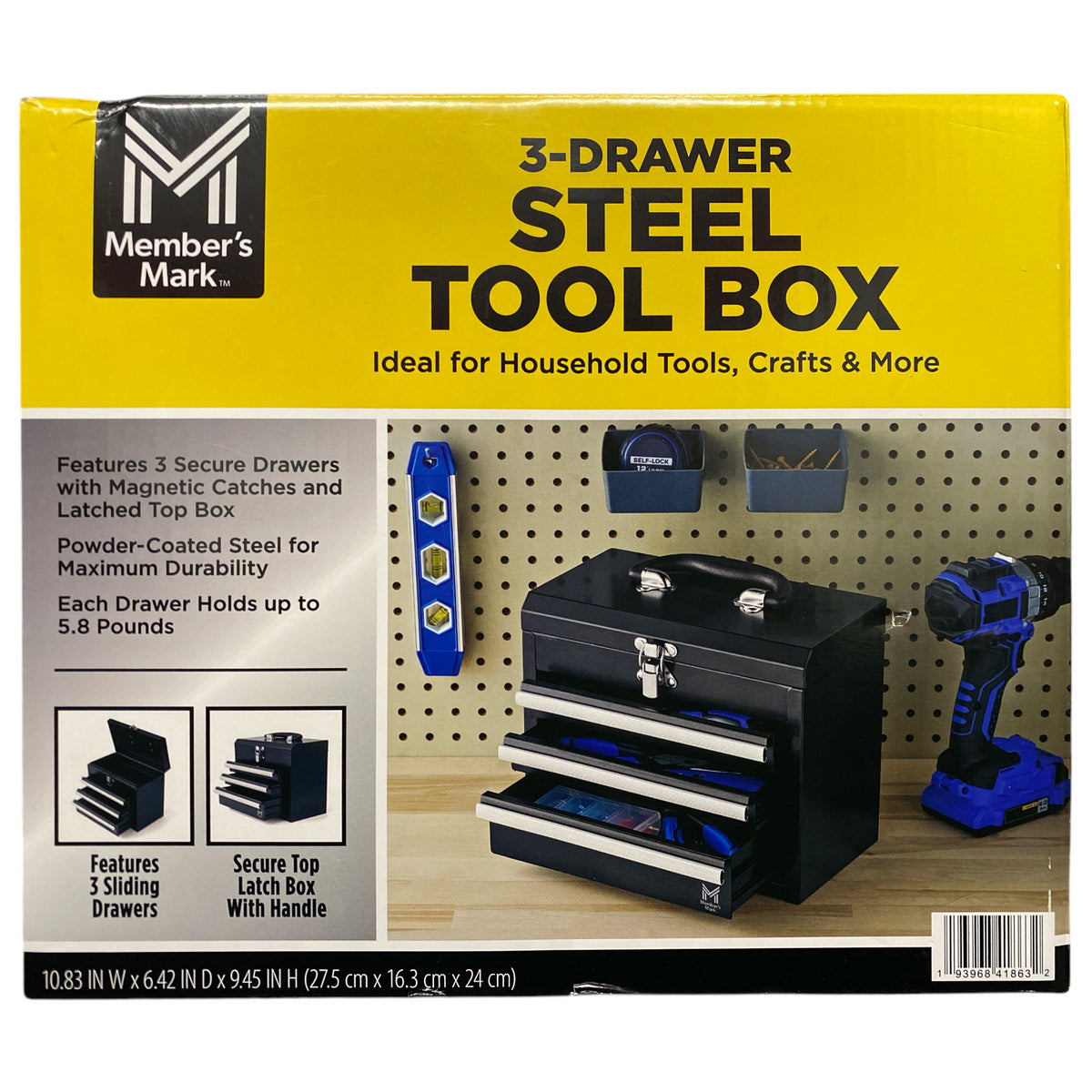 Member's Mark 3 Drawer Powder Coated Steel Tool Box, Black — Ewirelessgear