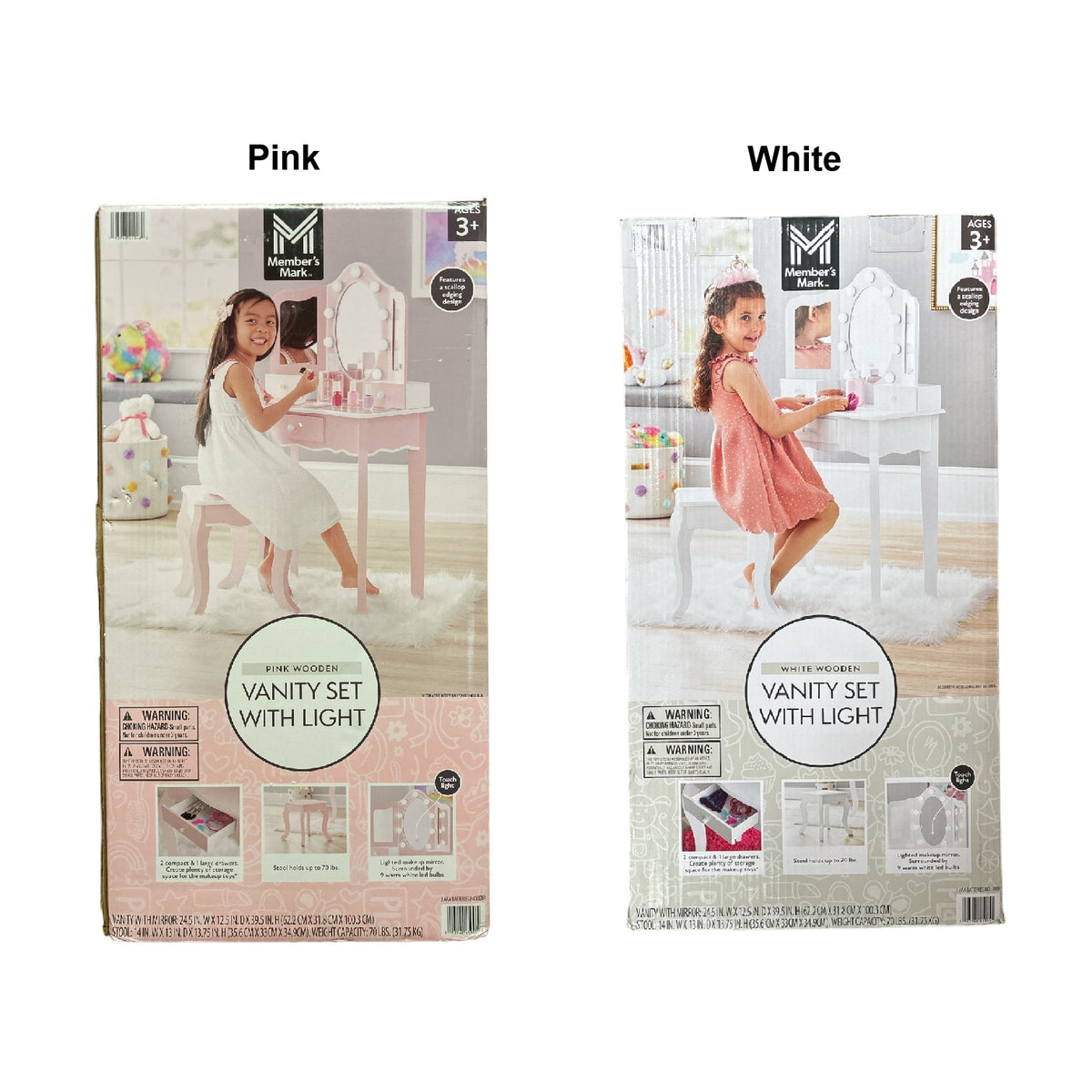 Member's Mark Kid's Wooden Vanity Set with 9 Warm White LED Lights & 3 ...