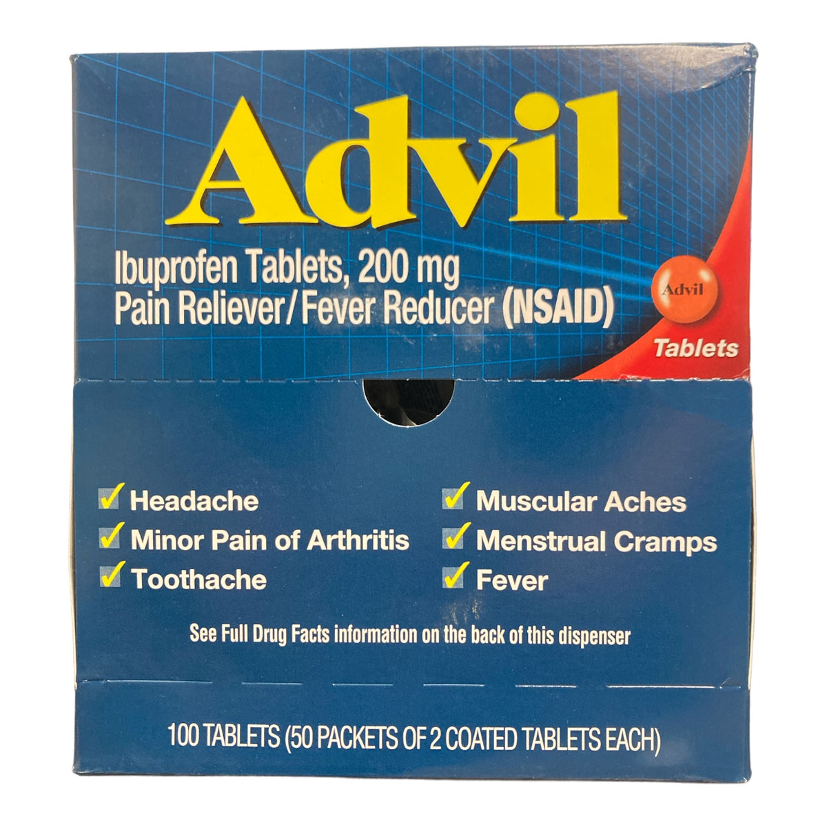 Advil Pain Reliever Coated Tablet, 200 mg Ibuprofen, 2 tablets/pk, 50 ...