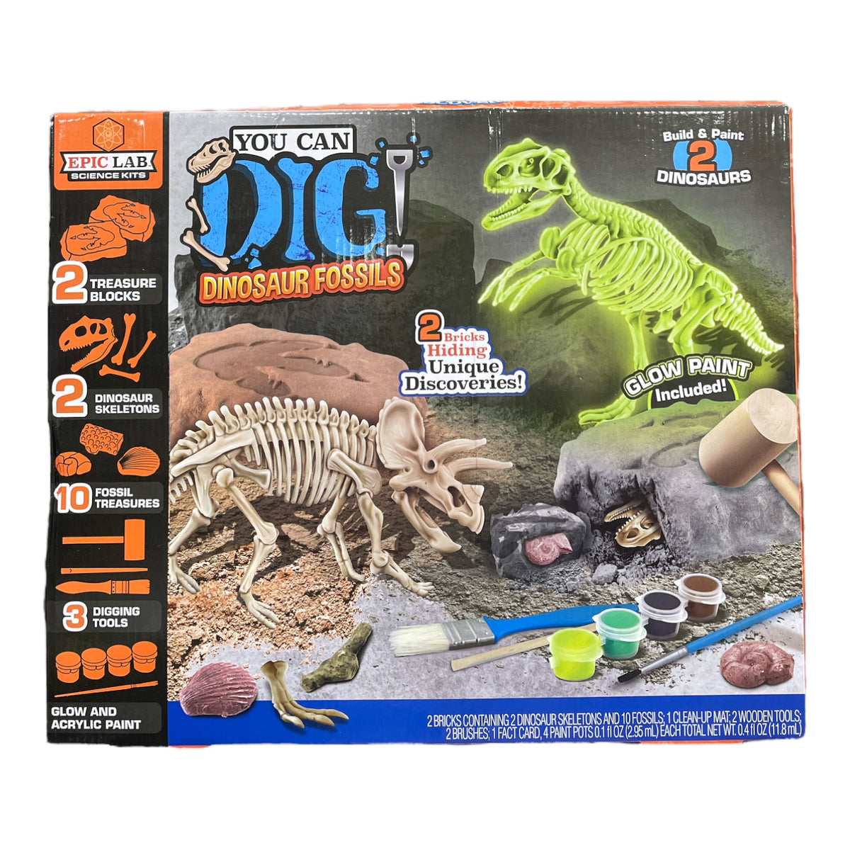 Epic Lab Dig Dinosaur Fossils Activity Kit, 2 Skeletons, Paint & Tools ...