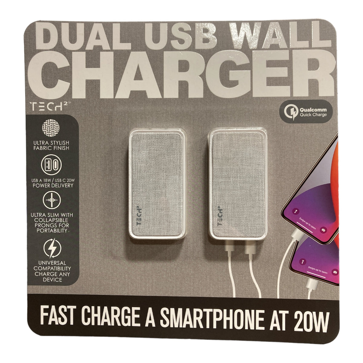 Tech2 Ultra Slim Lightweight Dual USB Wall Charger with Collapsible Pr ...