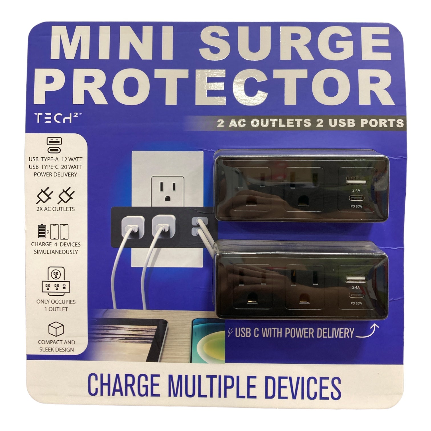 Tech2 Mini Surge Protector 2 A/C Outlets and 2 USB Ports, 2pk ...