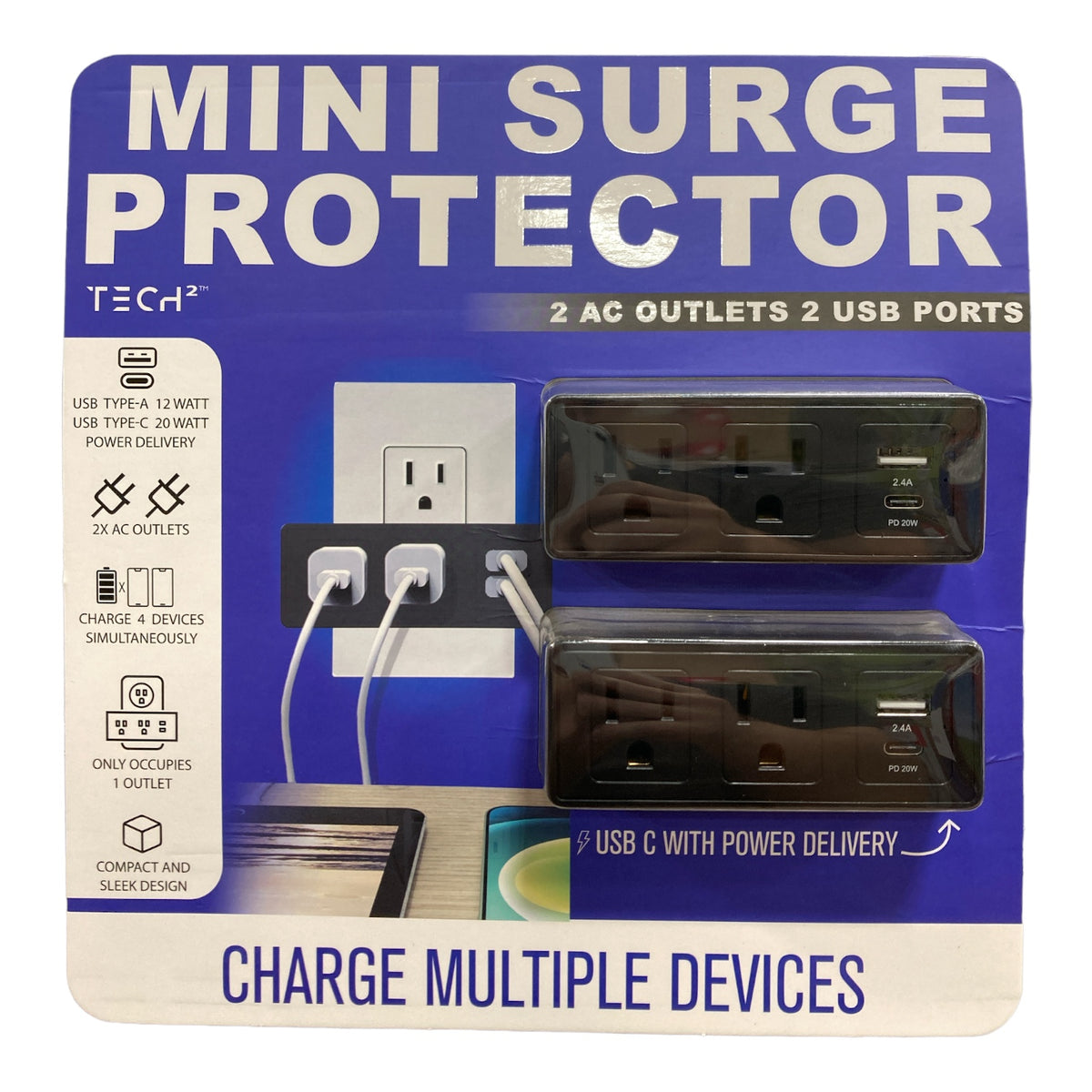 Tech2 Mini Surge Protector 2 A/C Outlets and 2 USB Ports, 2pk ...