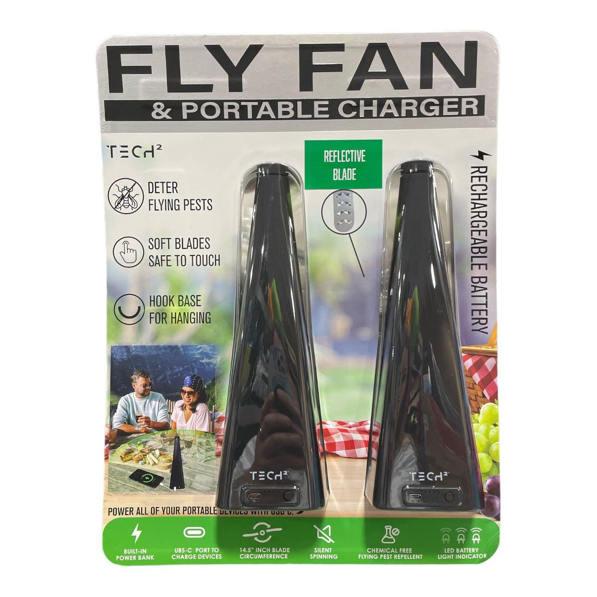 Tech Squared Fly Fan Flying Pest Repellent & Portable Charger, 2 Pack ...