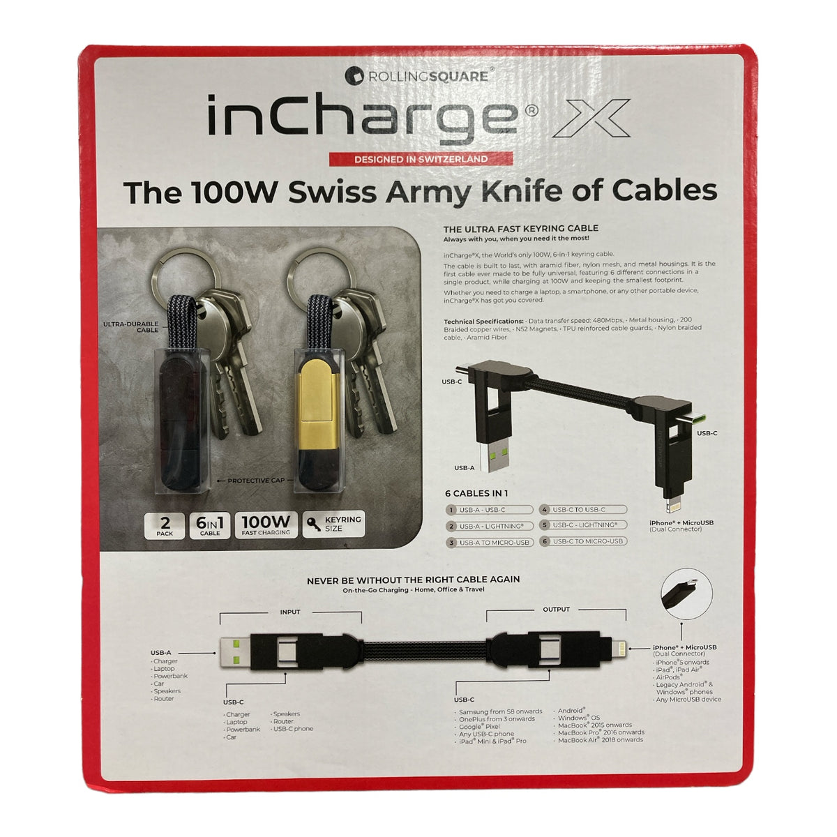 Rolling Square inCharge X 100W 6-in-1 USB-A/USB-C Keyring Cable, 2pk ...