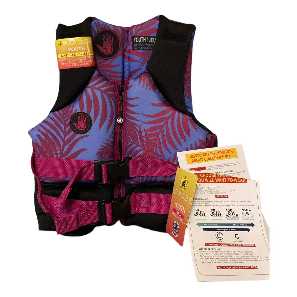Body Glove Girls USCG Approved Life Jacket Vest, Palm Purple (55-88lbs ...