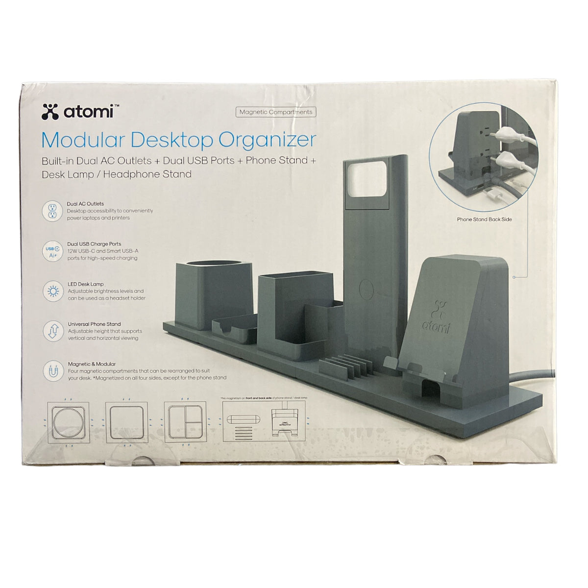 Atomi Magnetic Modular Desktop Organizer with USB Charge Port, LED, St ...